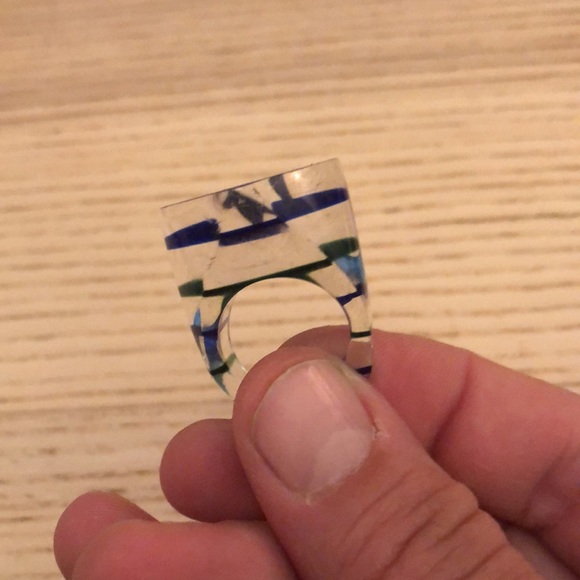 Jewelry | Vintage Lucite Heart Shaped Ring Wblue And Green Stripes Size ...